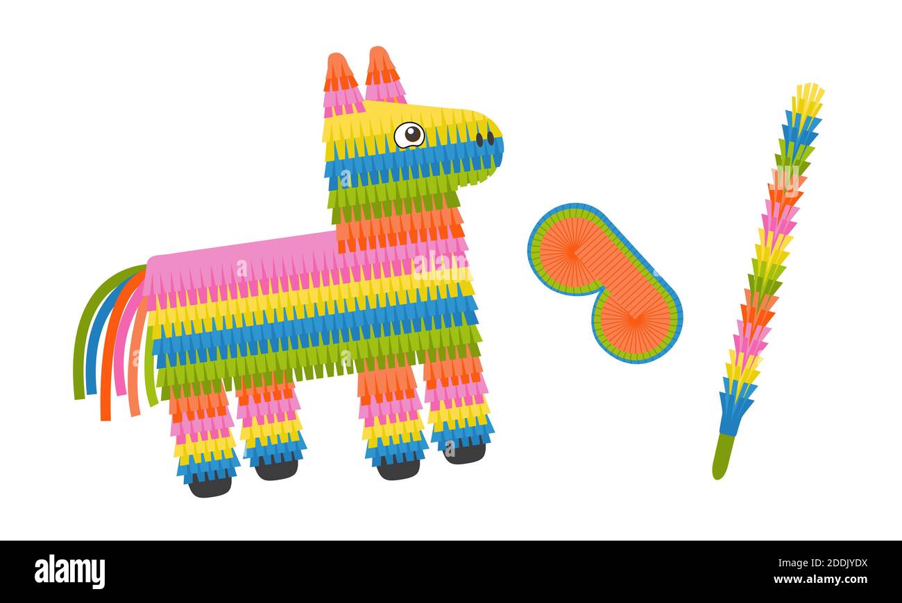 Pinata donkey with eye mask and stick isolated on white background ...