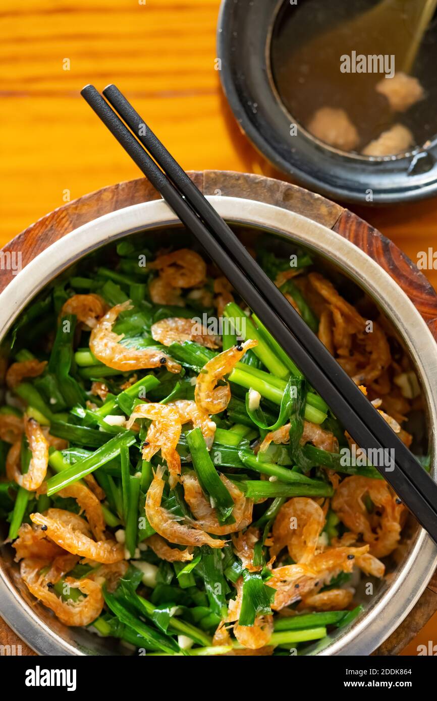 top view fast food shrimp with leek and rice with soup vertical ...