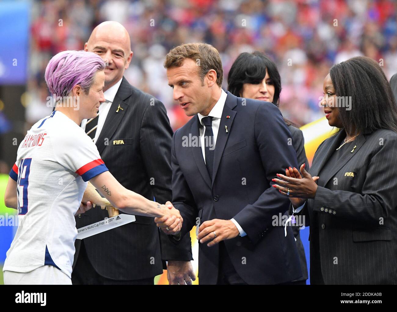 President Emmanuel Macon greets USA’ Megan Rapinoe at the end of the ...