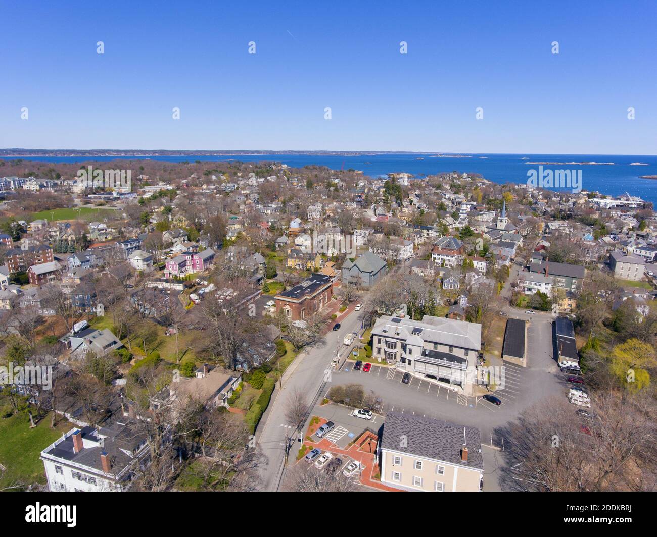 Aerial view of historic Marblehead town center and Marblehead harbor ...