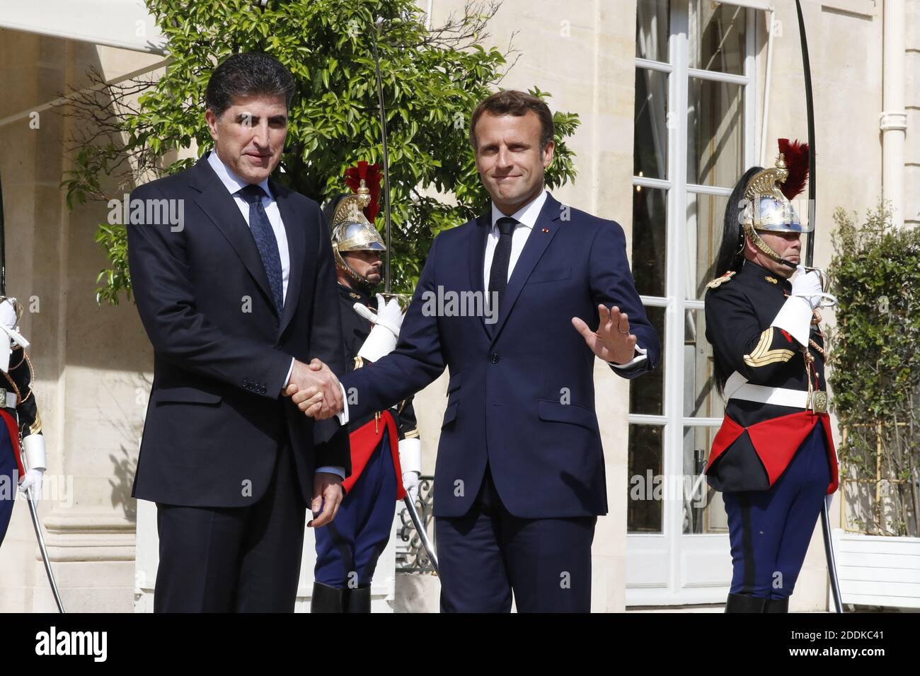 French President Emmanuel Macron greets Netchirvan Barzani, Président ...