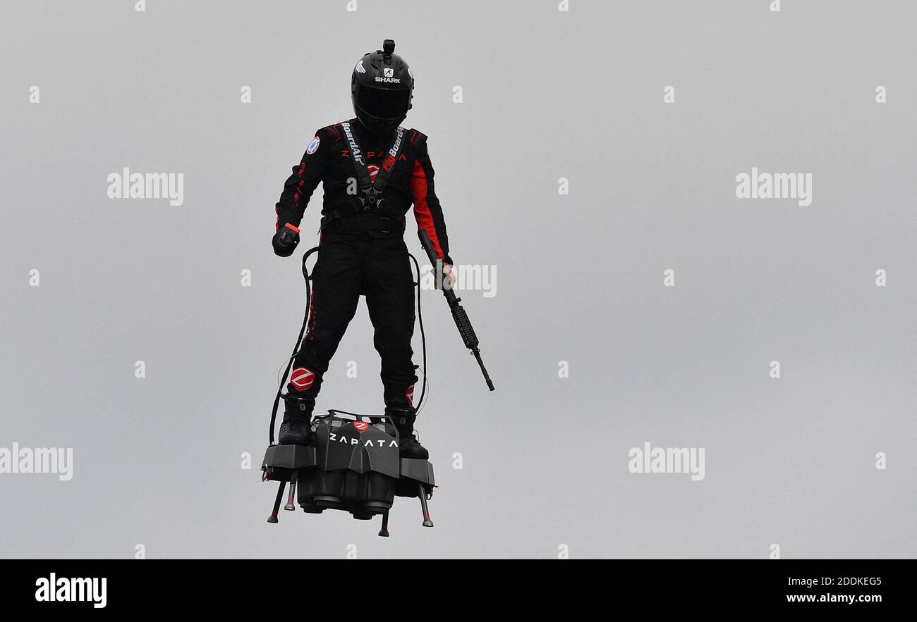 Franky Zapata, a French inventor and entrepreneur, flies a jet-powered ...