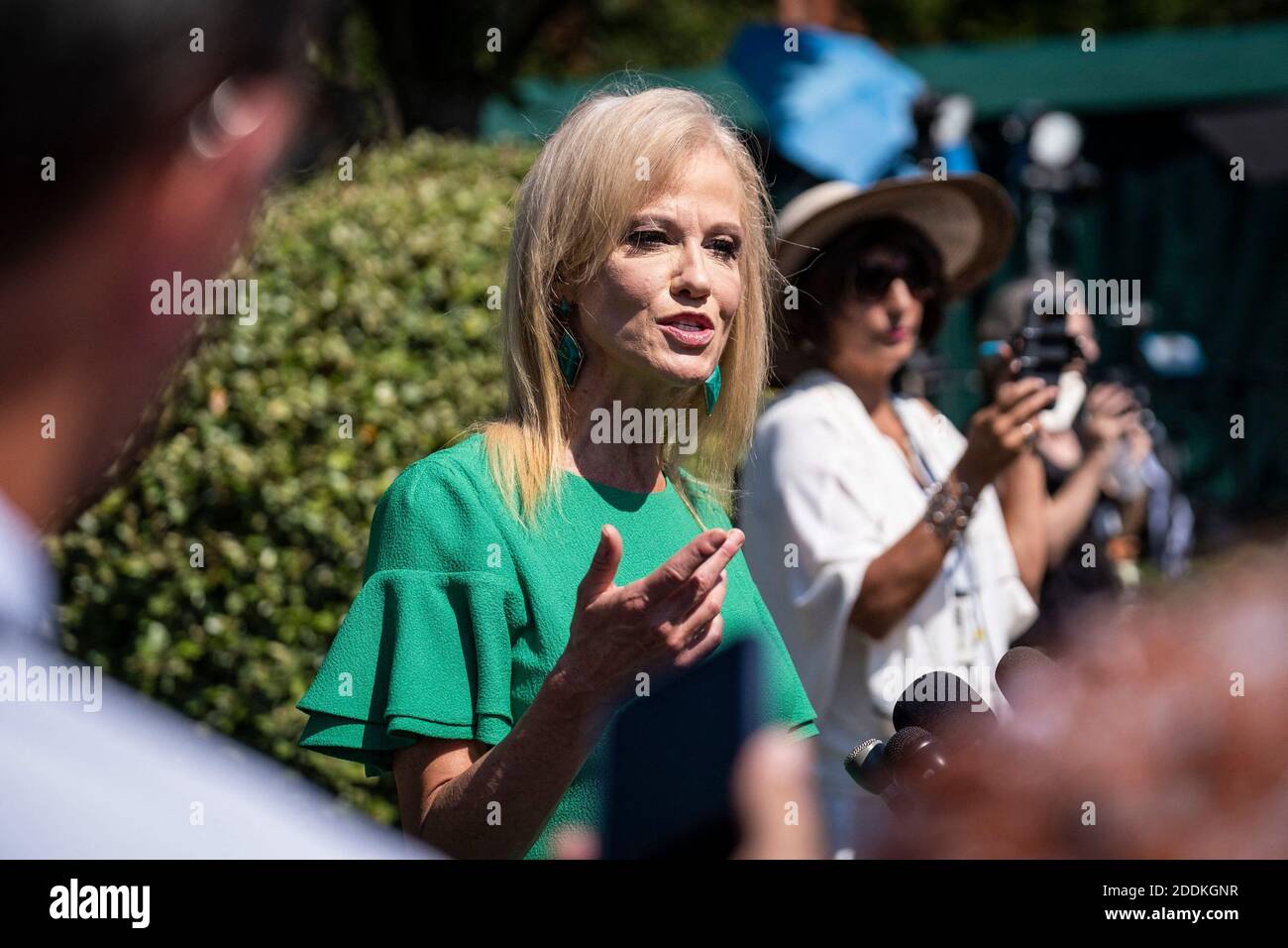 Counselor to the president, Kellyanne Conway, speaks to the media ...