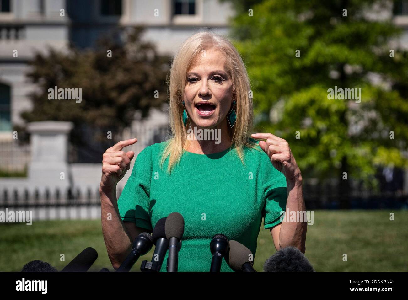 Counselor to the president, Kellyanne Conway, speaks to the media ...
