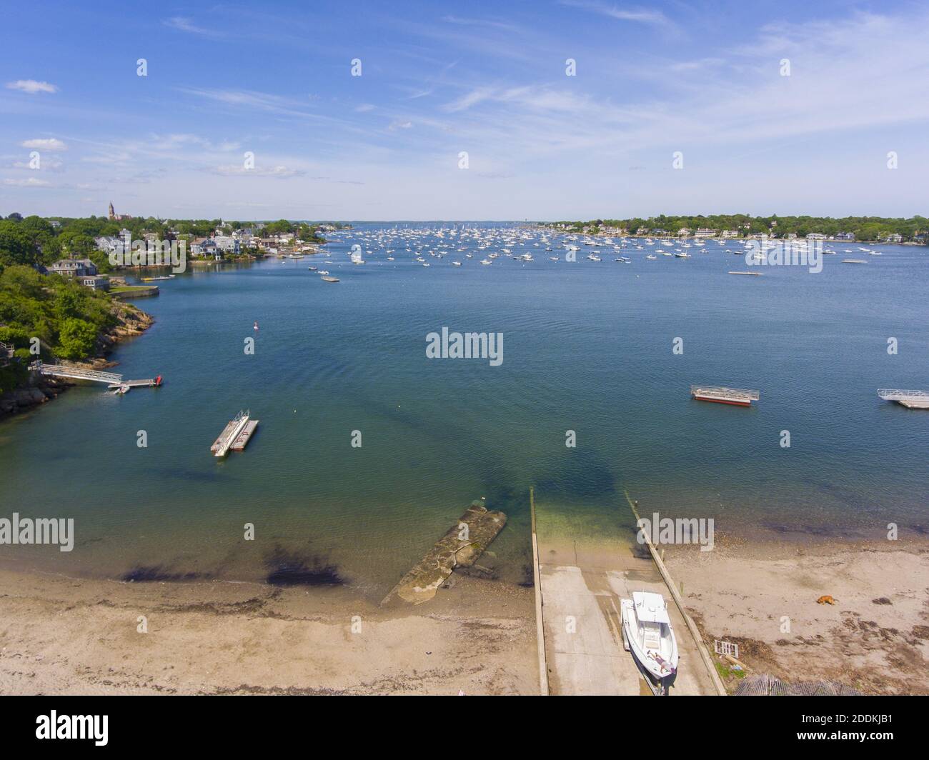 Aerial view of Marblehead town center and Marblehead Harbor in town of ...