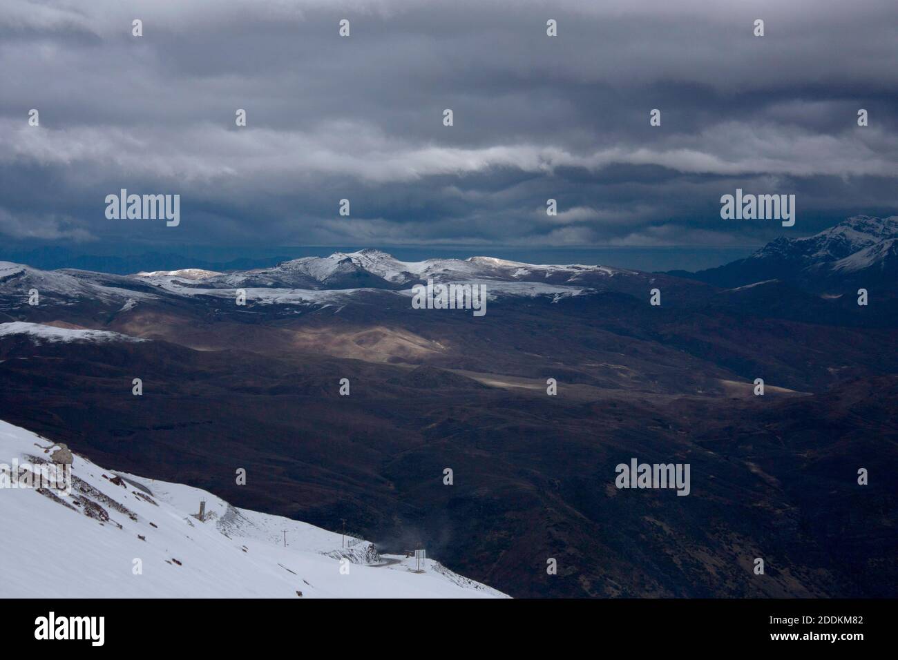 Snowy mountains in the Andes Country Chile cloudy sky before the storm ...