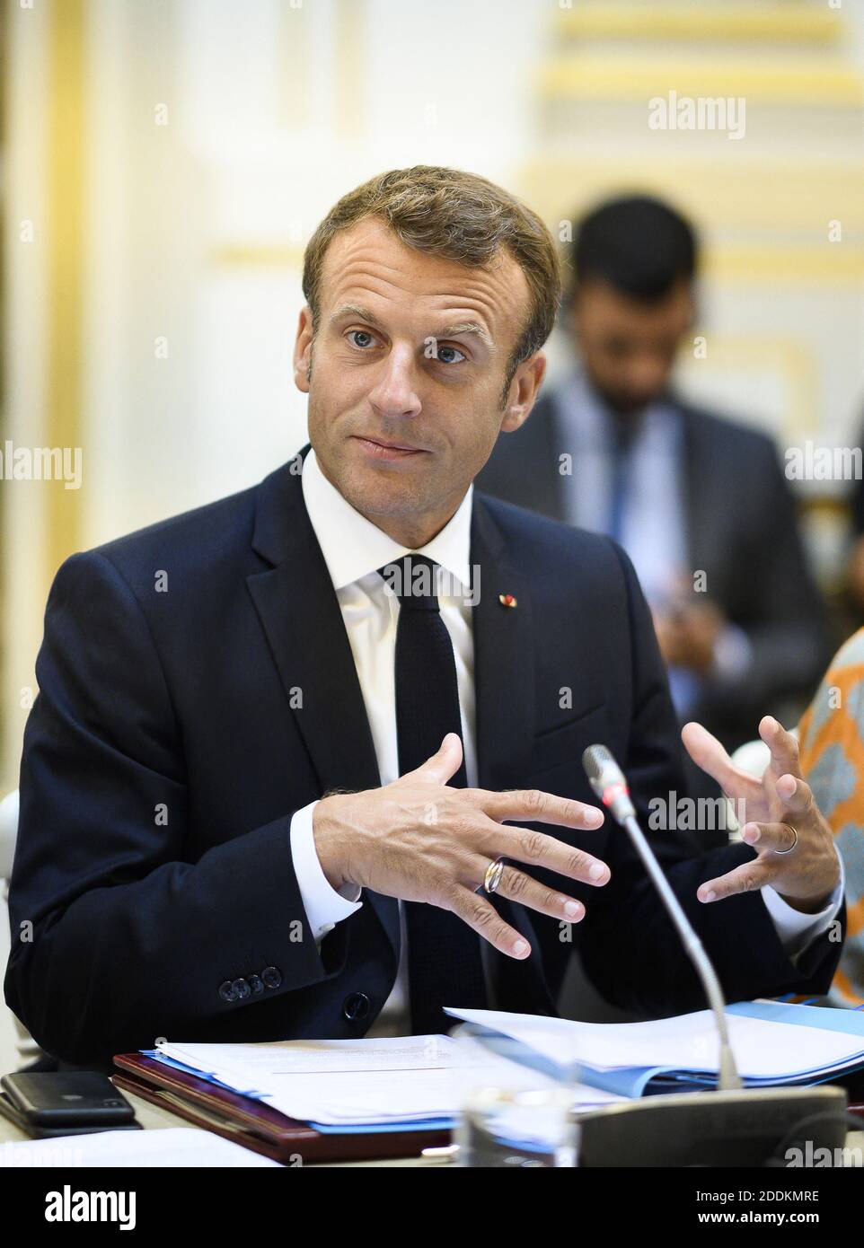 French President Emmanuel Macron during a meeting with members of the ...