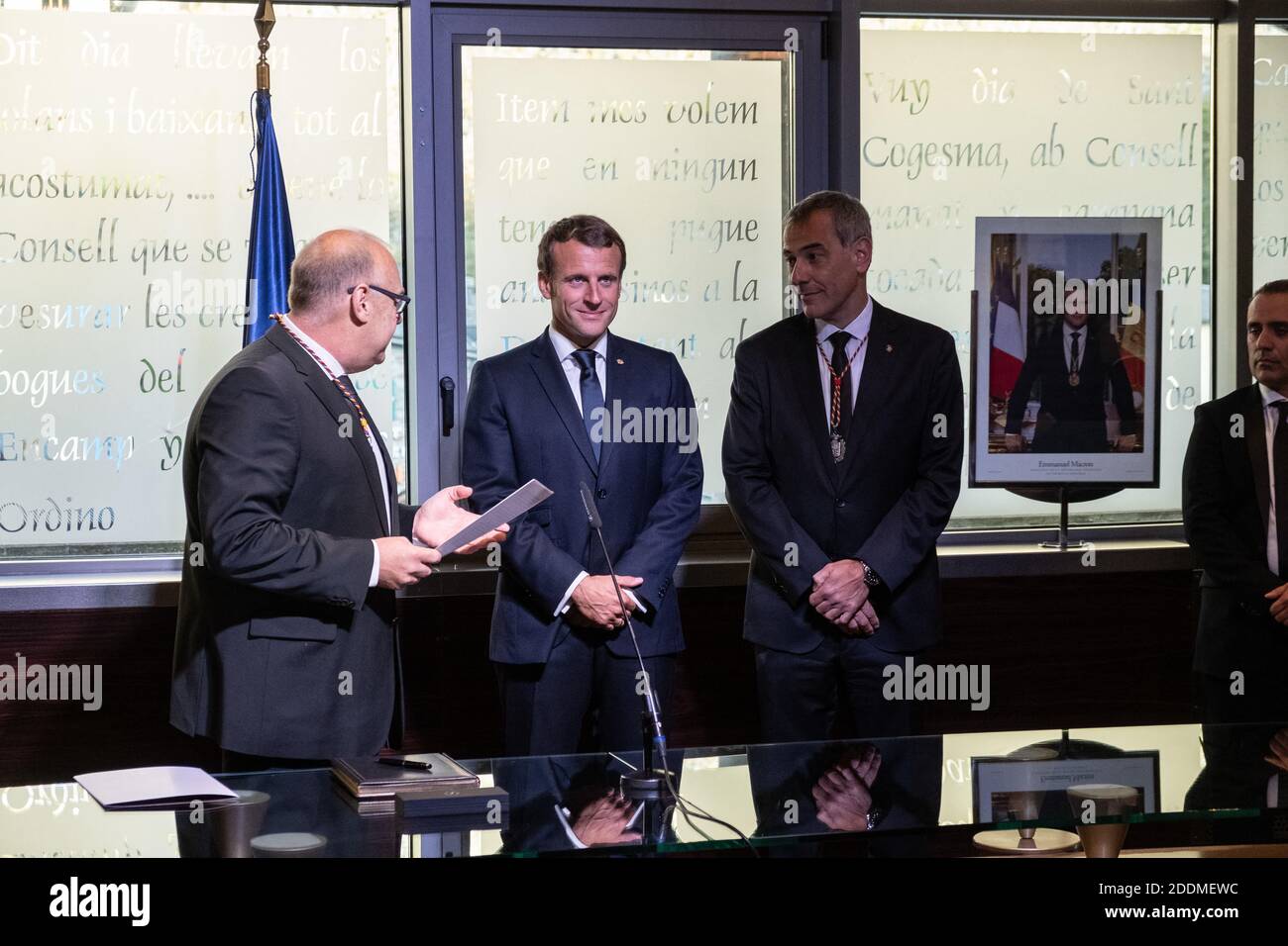 French President Emmanuel Macron (as French Co-Prince) give a speech at ...