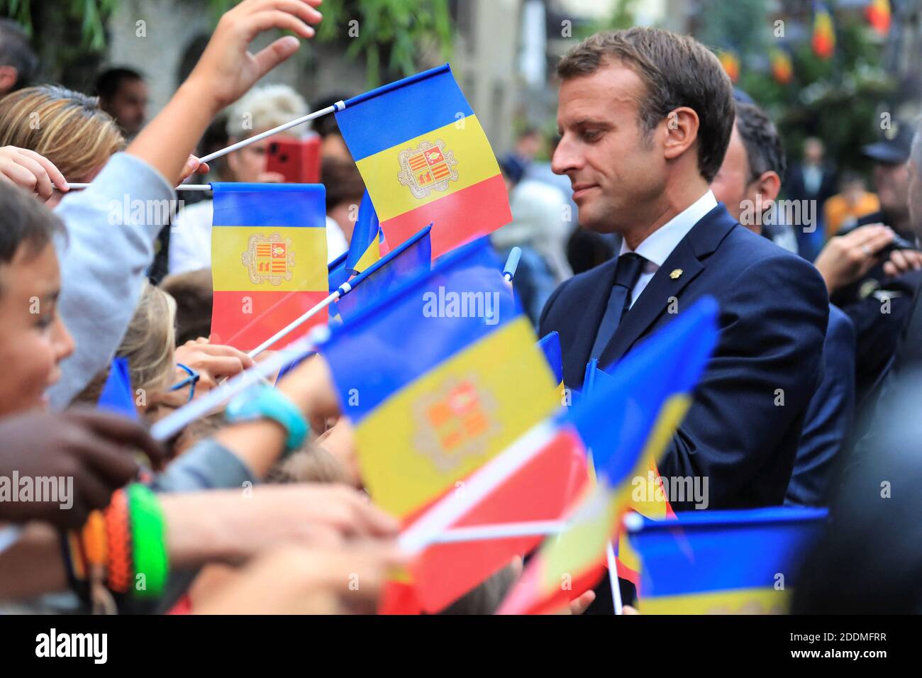 French President and Co-Prince of Andorra Emmanuel Macron is greeted by ...