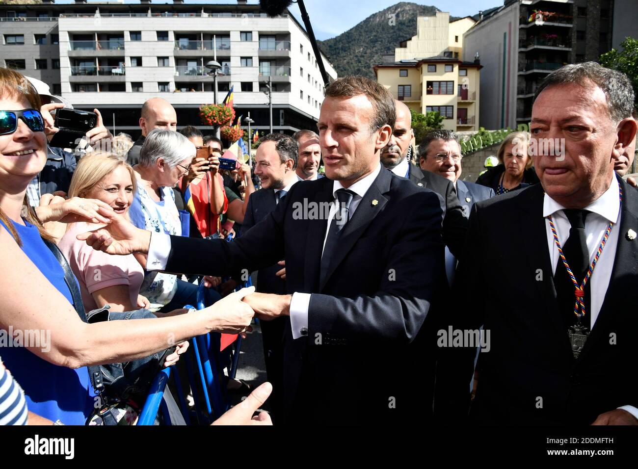 French President and Co-Prince of Andorra Emmanuel Macron shakes hands ...