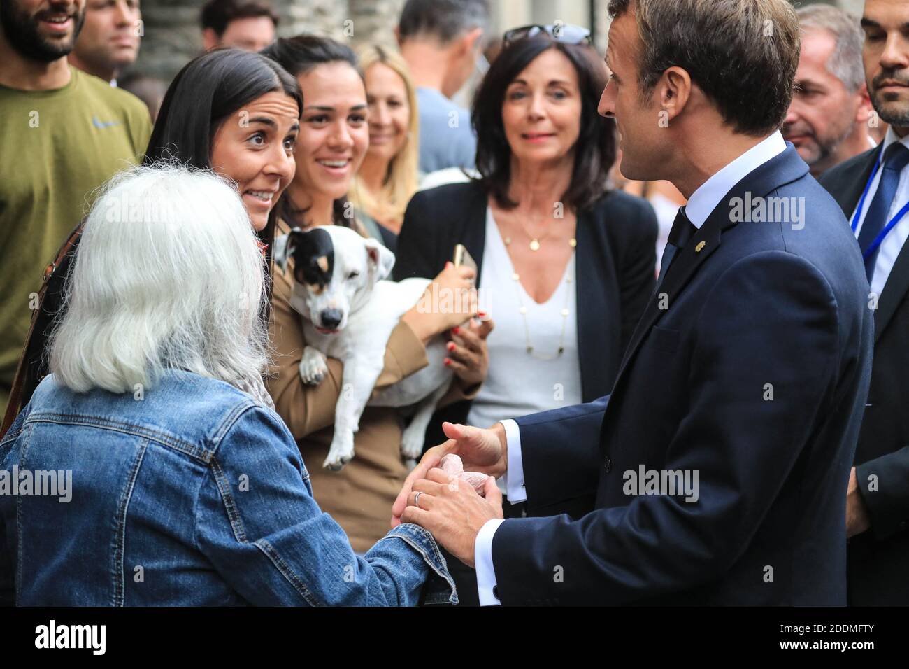 French President and Co-Prince of Andorra Emmanuel Macron is greeted by ...