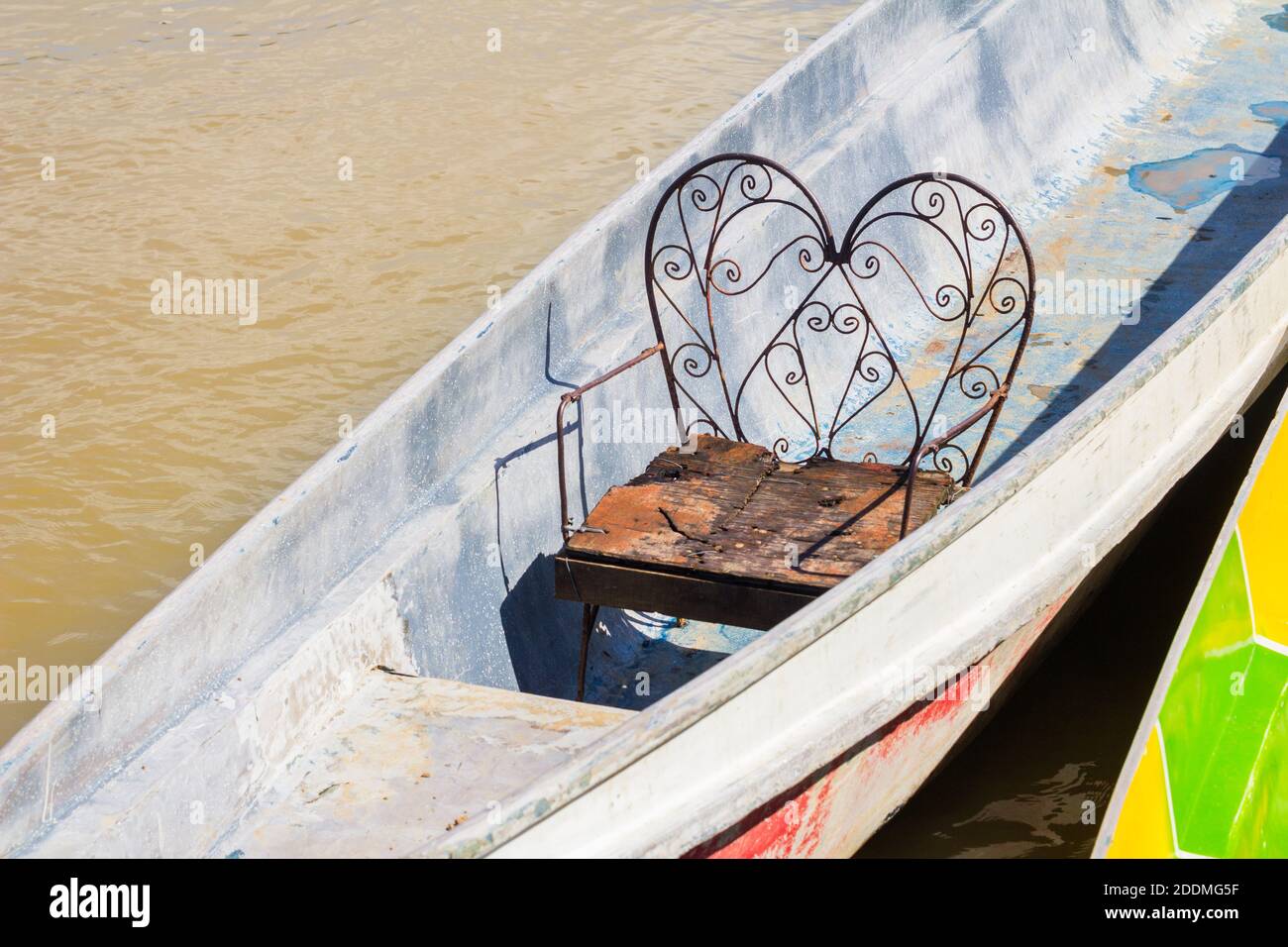 Local passenger river boat seat at the banks of Pontevedra town in ...