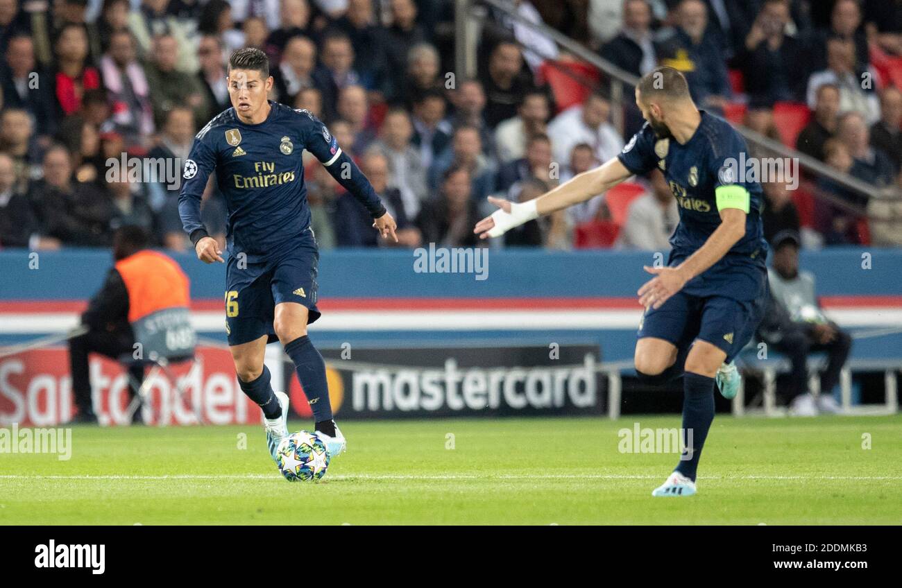 Real’s James Rodriguez and Karim Benzema during the Champions league ...