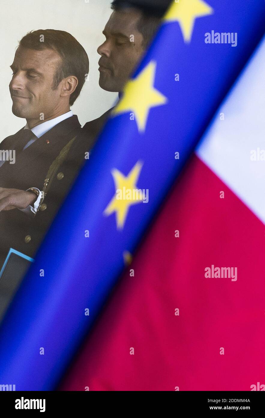 French President Emmanuel Macron gestures at the Elysee palace on ...