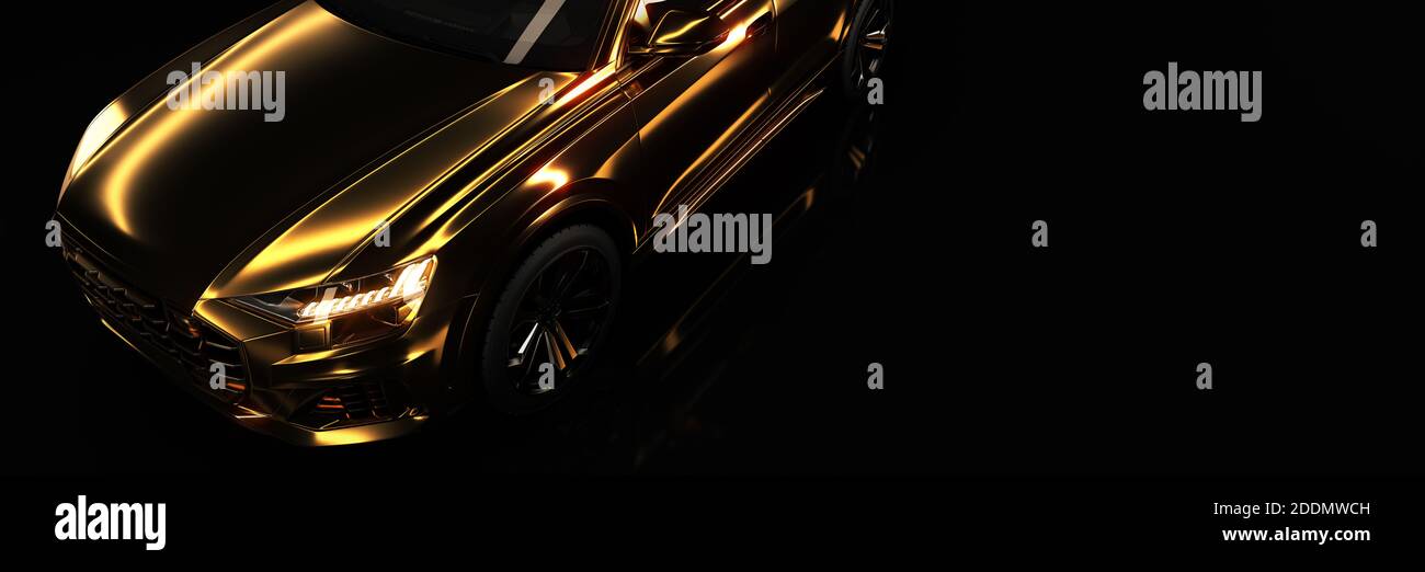 Gold sports car, studio setup on a golden background. 3d rendering ...
