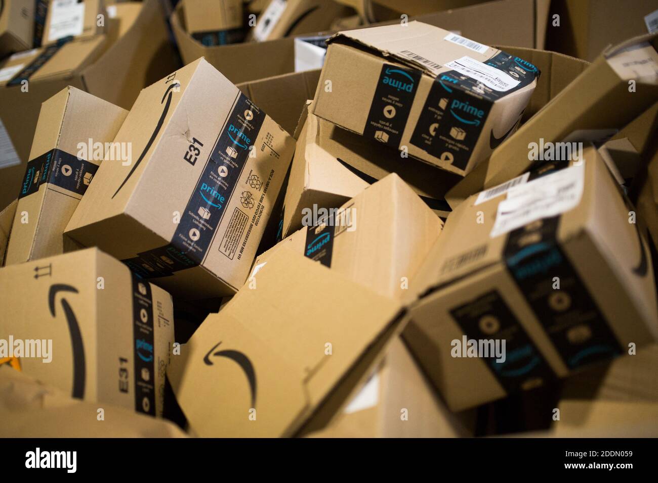 Packages of amazon inside the logistic warehouse of Amazon in Velizy ...