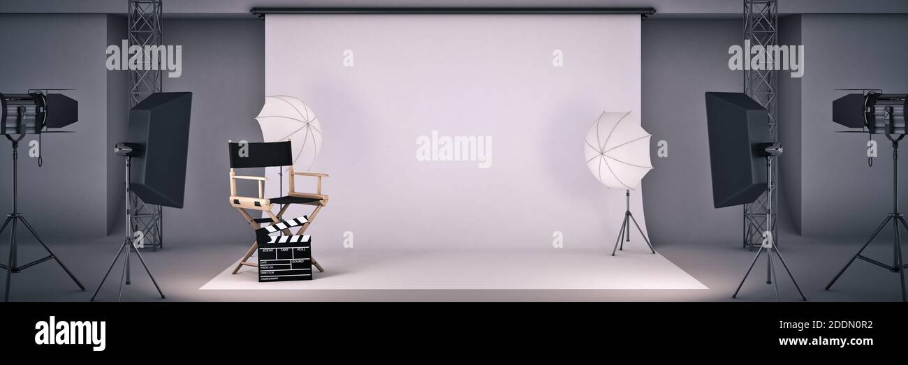 photo studio with cinema concept. Director's chair and movie clapper ...