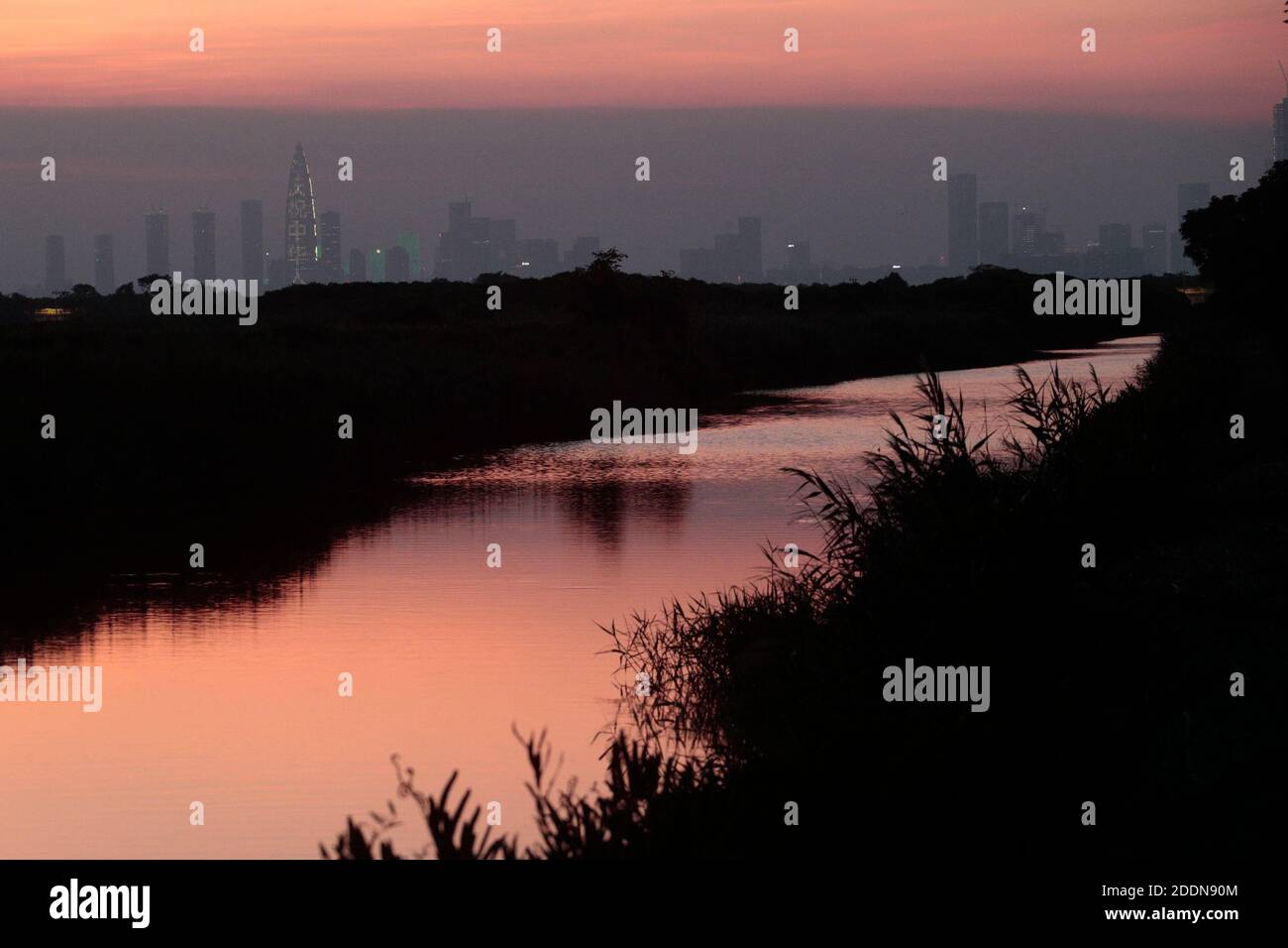 Sunset, with Shenzhen in distance, Mai Po Marshes Nature Reserve, New ...