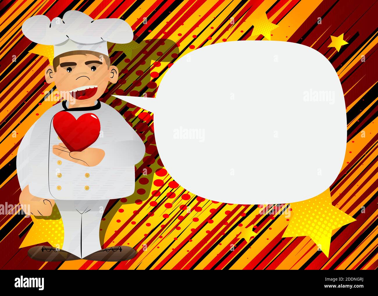 Fat male cartoon chef in uniform holding red heart in his hand. Vector ...
