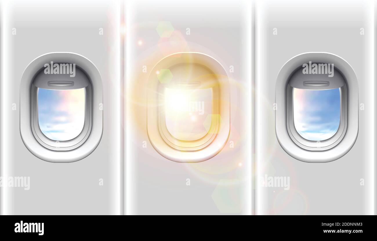 3d realistic vector airplane window with sun light and copy space for ...