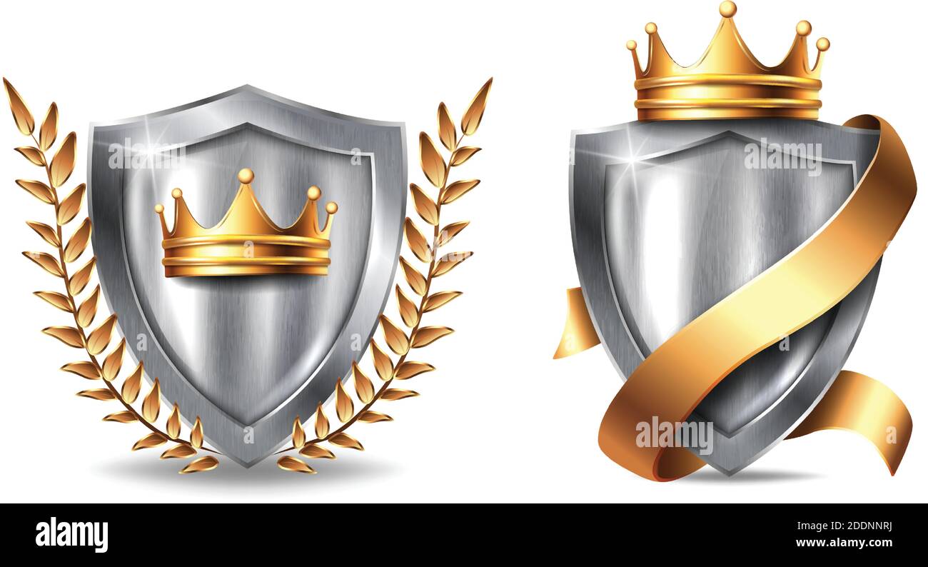 Set of 3d realistic vector metal shield with frames . Blank silver ...