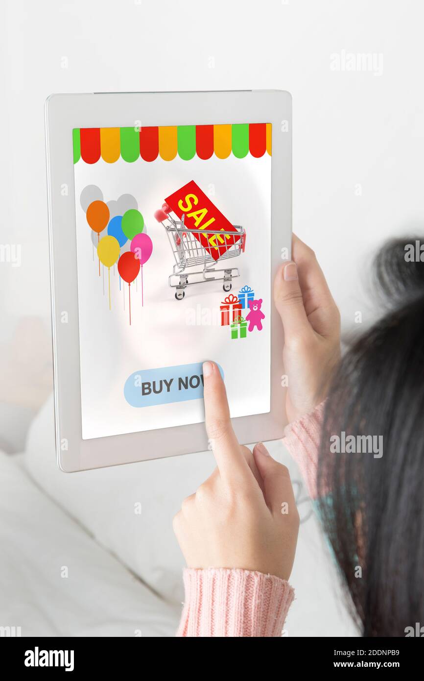 Woman searching for discount sale by online shopping application from ...