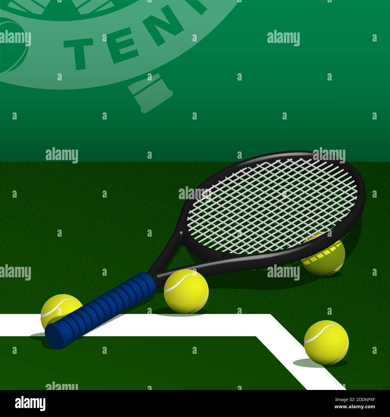 tennis racquet and balls lie on lawn of grass tennis court. Sport ...