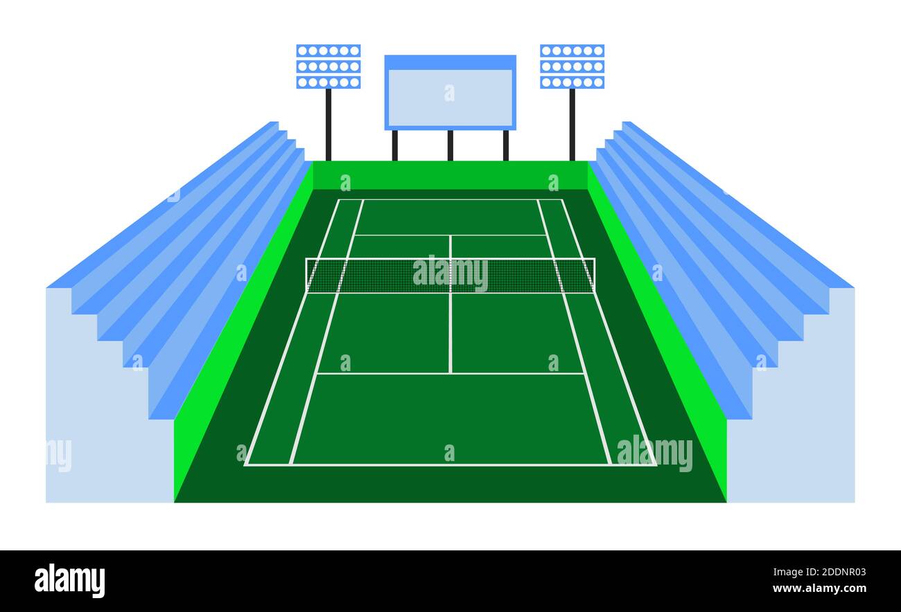green tennis court in isometric view with spectator stands. Outdoor ...