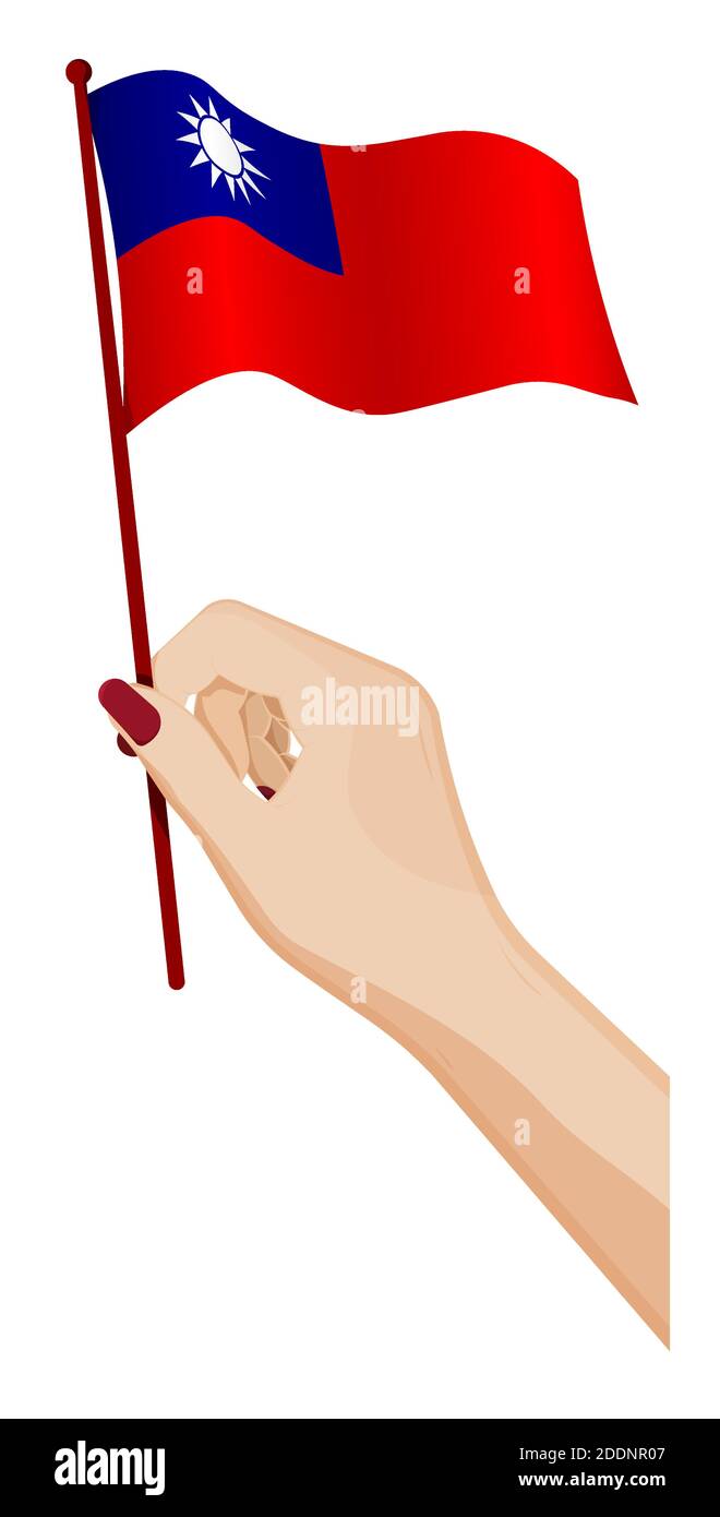 Female hand gently holds small Republic of Taiwan flag. Holiday design ...