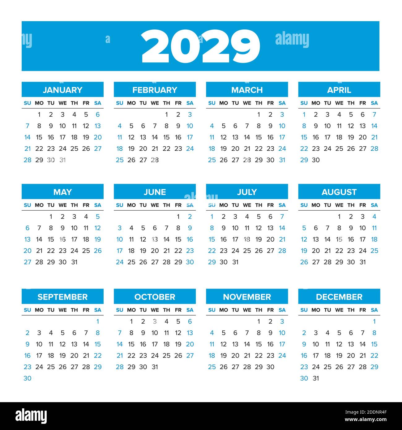 2029 Simple vector calendar. Weeks start on Sunday Stock Vector Image ... 2029 Simple vector calendar. Weeks start on Sunday Stock Vector Image ...