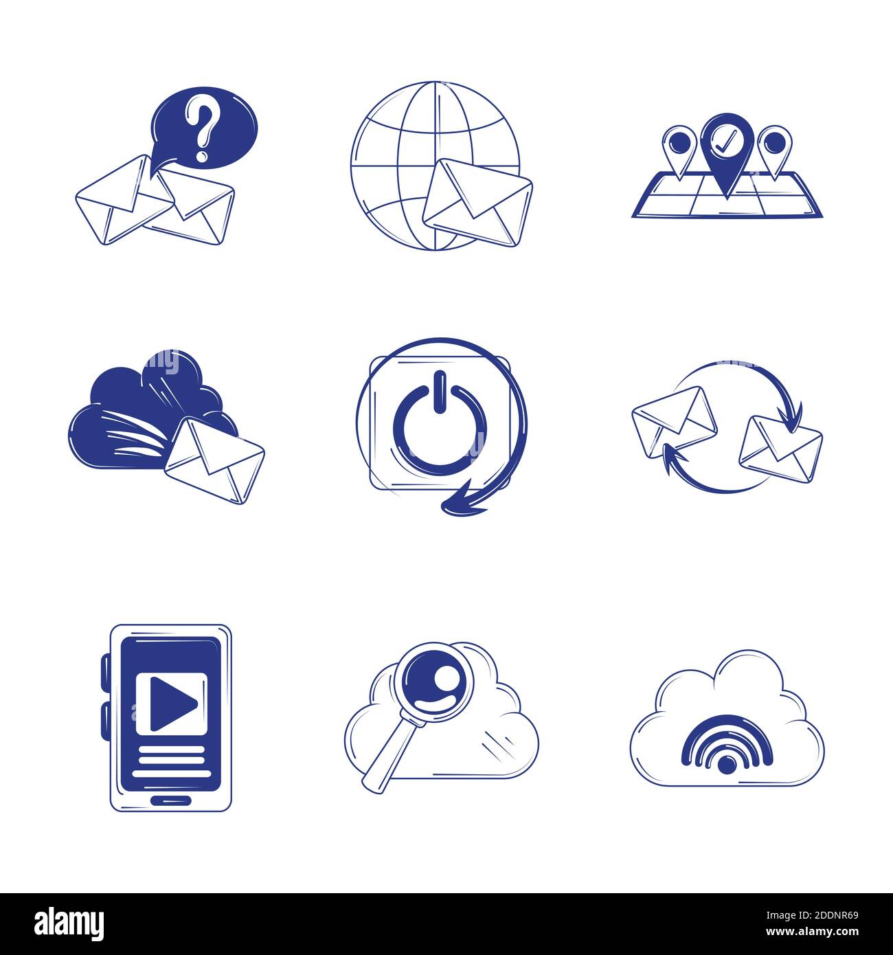 social media, icons set world email mobile internet blue line fill ...