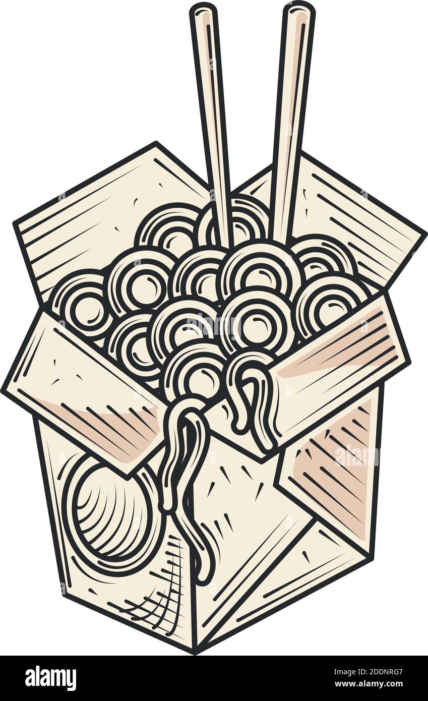noodles in box with sticks food and snacks hand drawn style vector ...