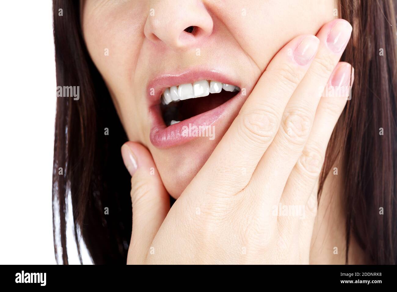 Woman with a toothpain, isolated on white Stock Photo - Alamy