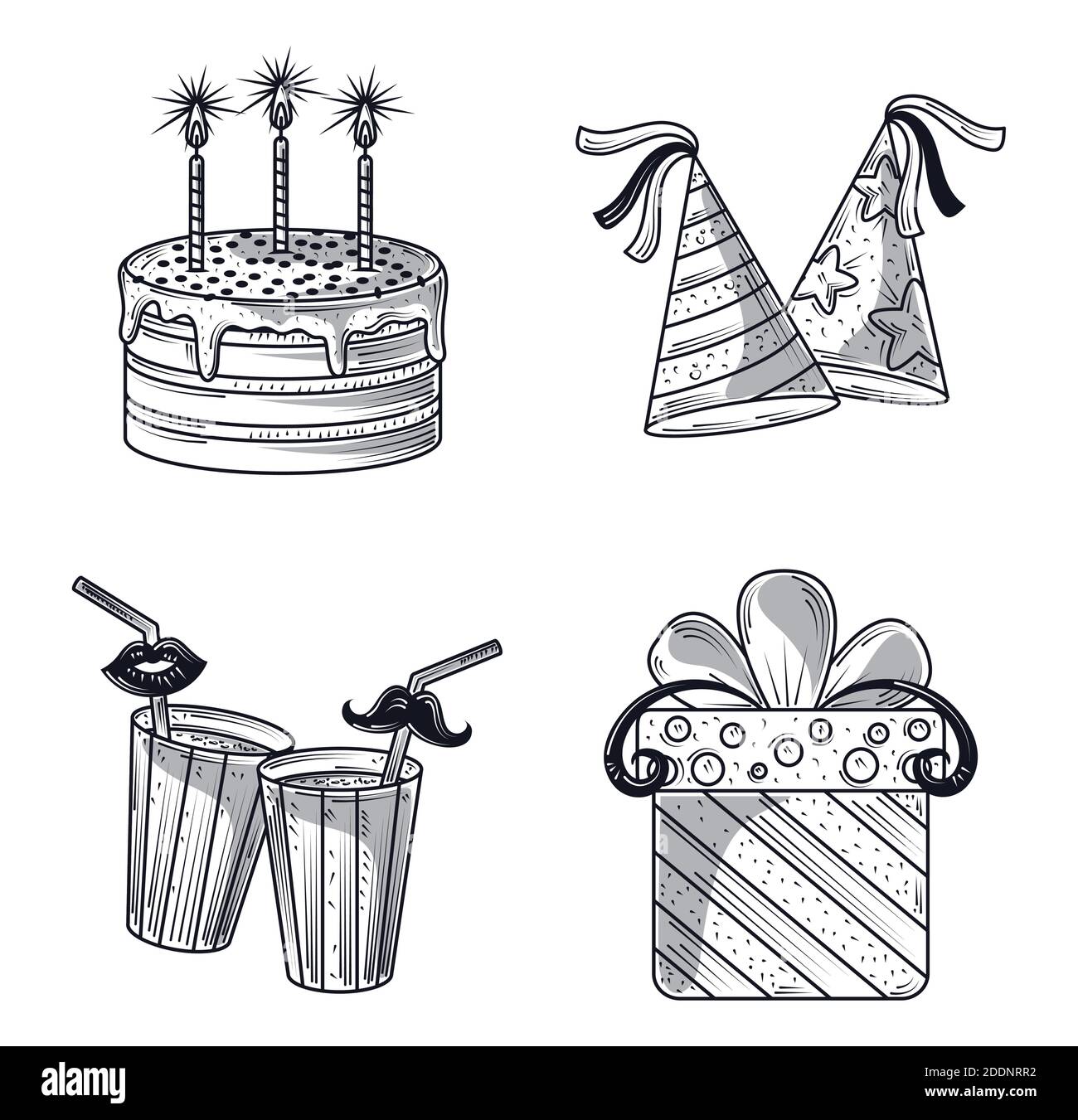 happy birthday party hats cake gift and beverage celebration, engraving ...
