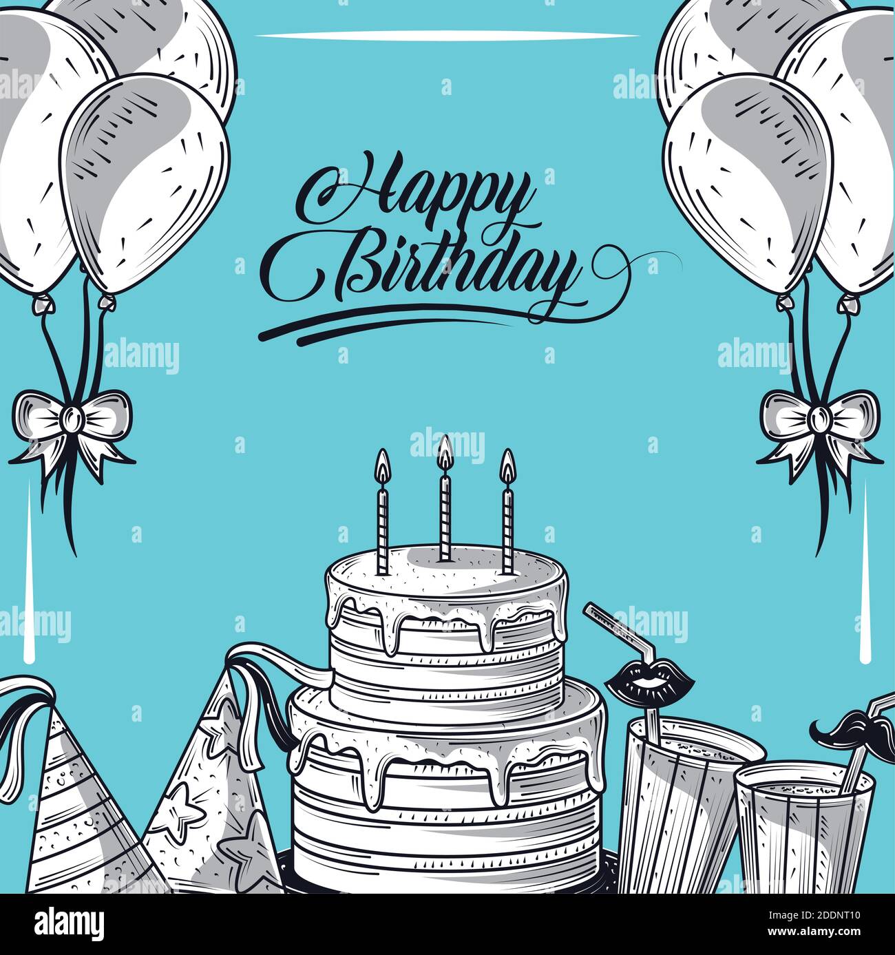 happy birthday cake with candle balloons hat and drinks party ...