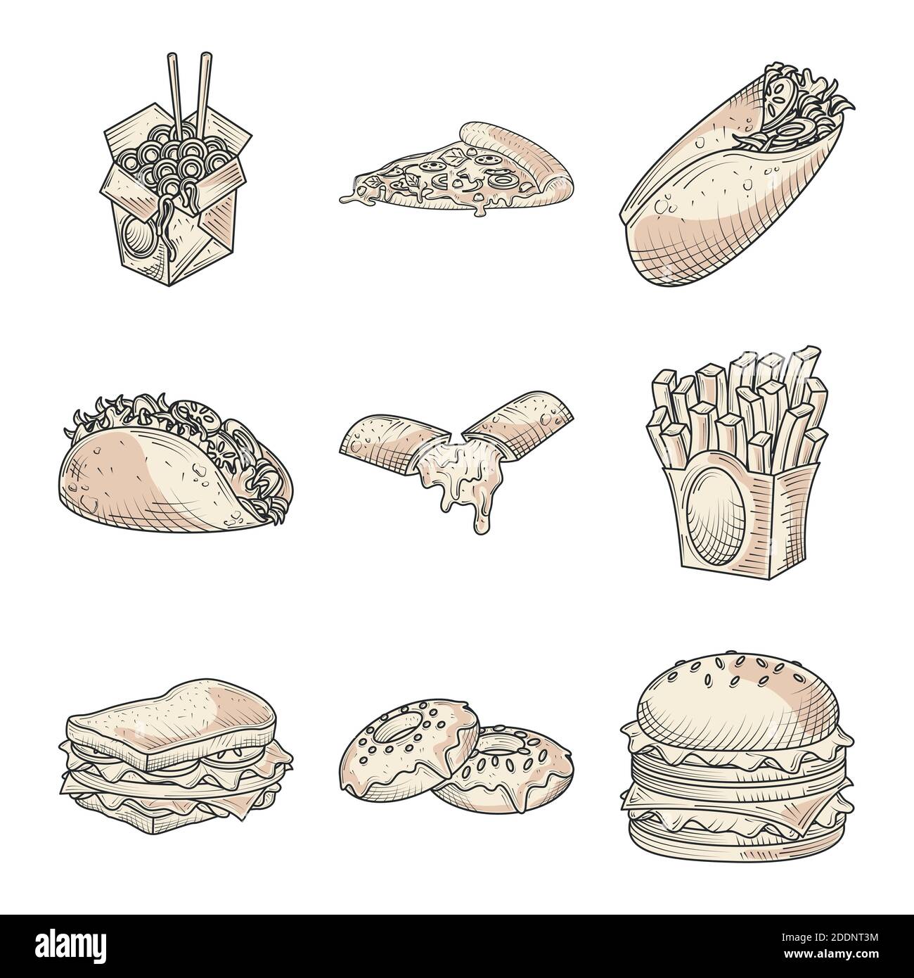 food snacks hand drawn include taco burger hot dog pizza and donuts ...