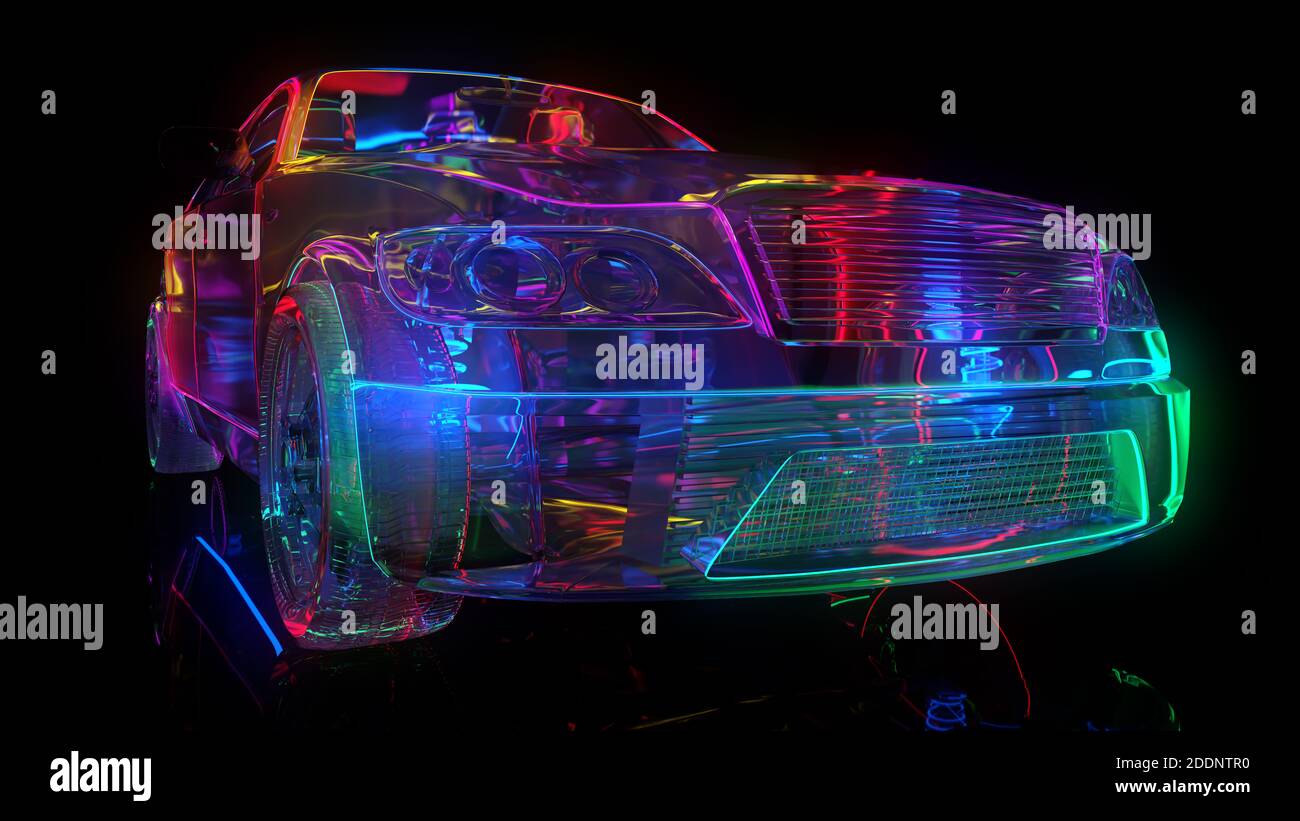 Glass car with neon lighting. The edges of the car are highlighted ...