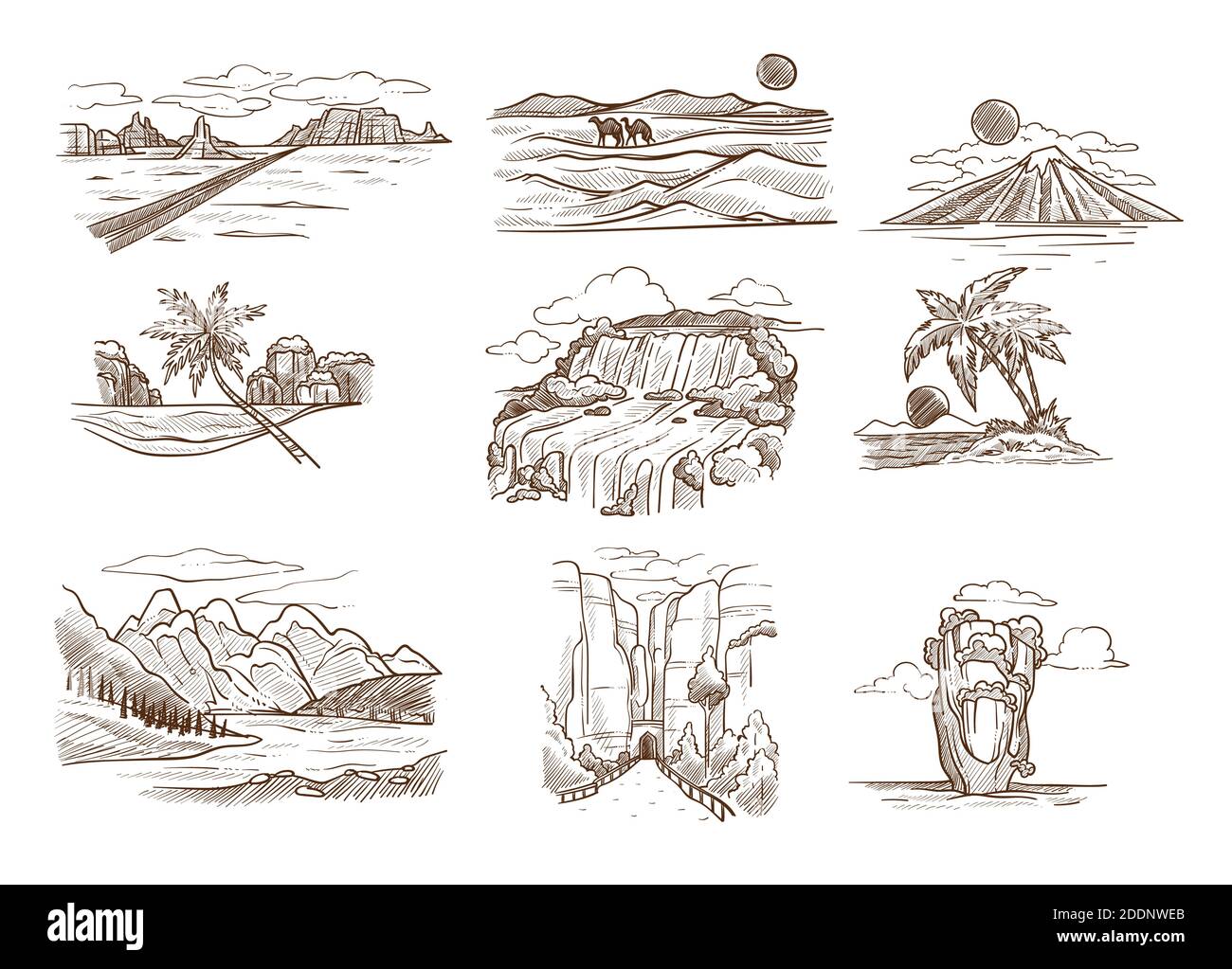 Landscape sketches wild nature seascape mountain and desert Stock ...