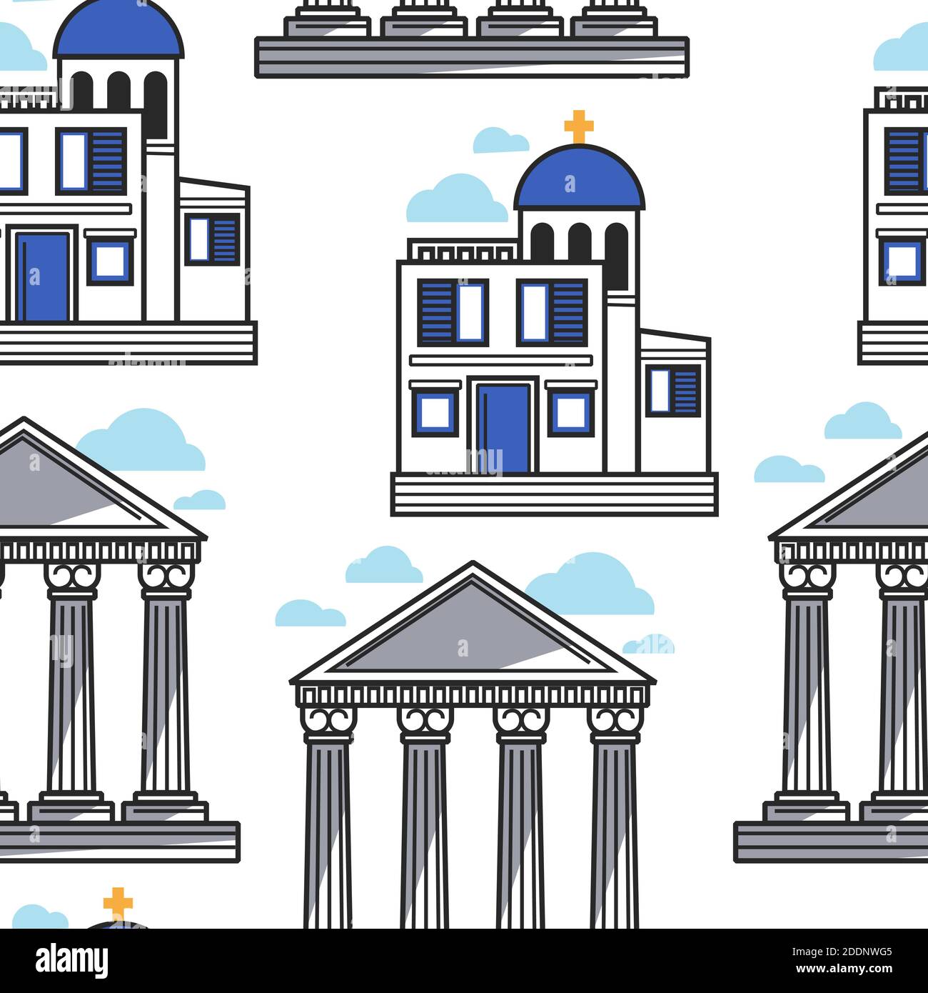 Greek pillars and church Greece architecture seamless pattern Stock ...