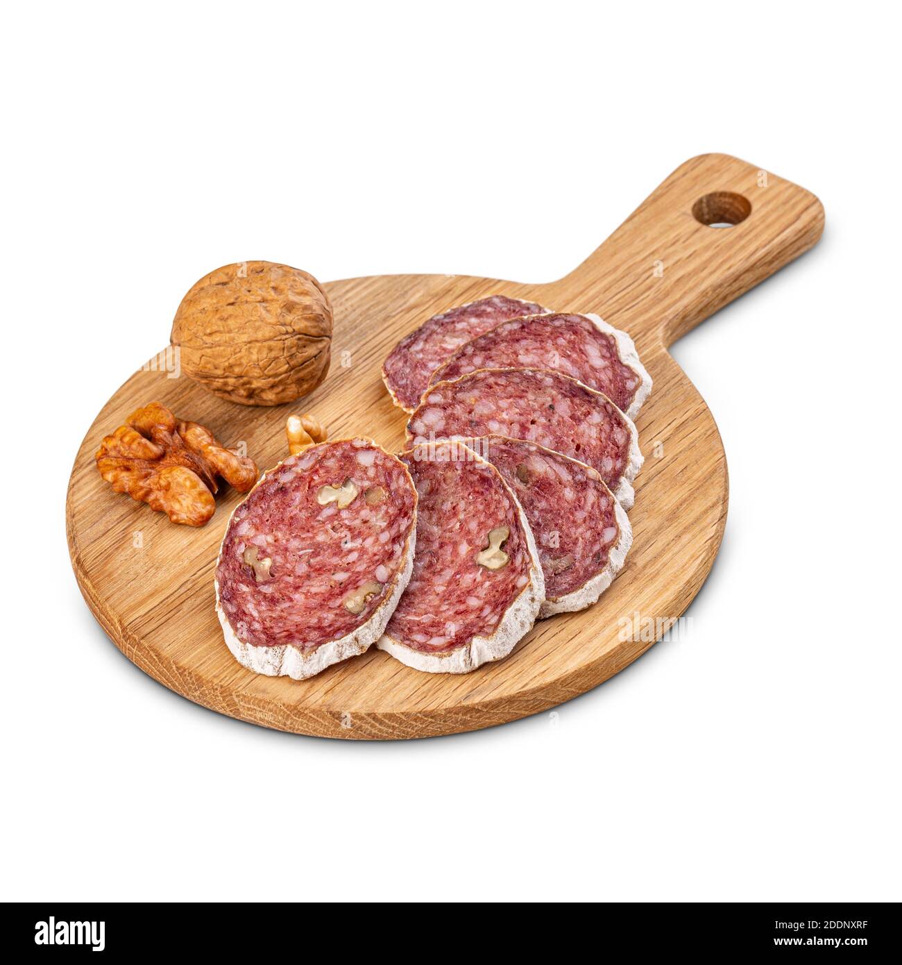 Gourmet salami with noble mold crust. Sliced sausage salami with walnut ...