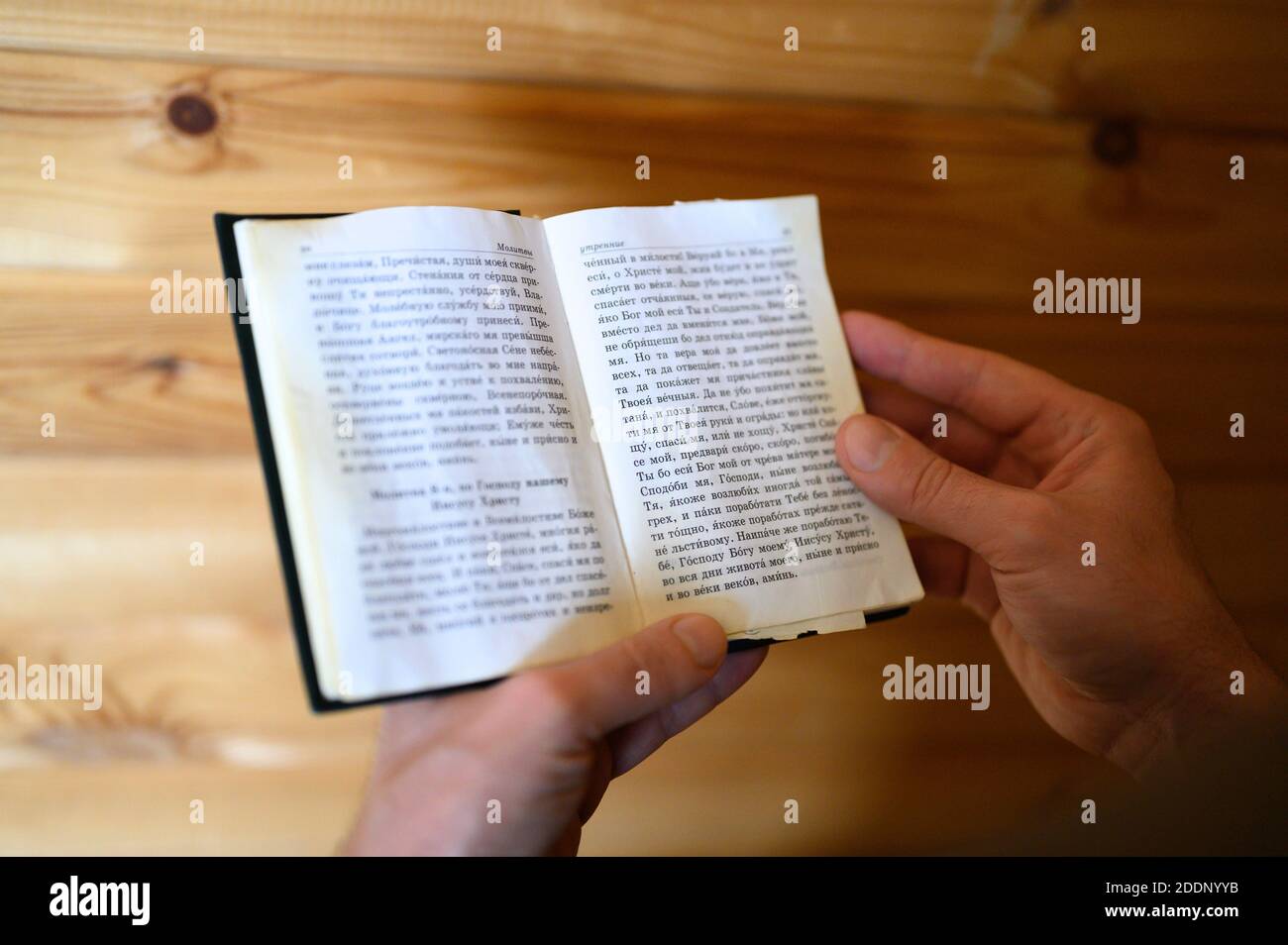 reading the prayer rule. men's hands hold an open prayer book against ...