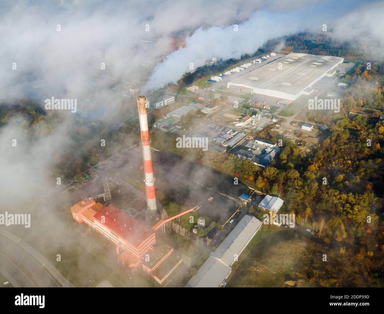 Smoke from the factory chimney. Ecological pollution. Drone Aerial View ...
