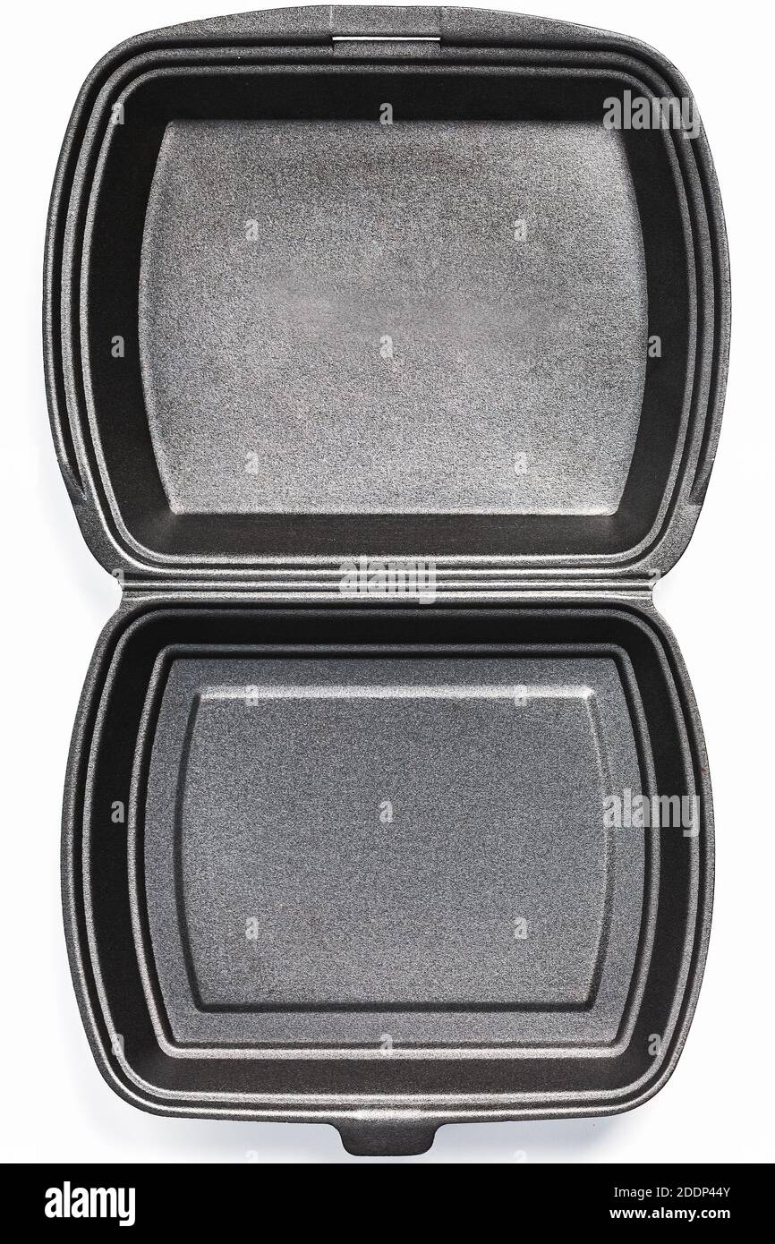 Opened Lunch Box disposable, black for food delivery service on a white ...
