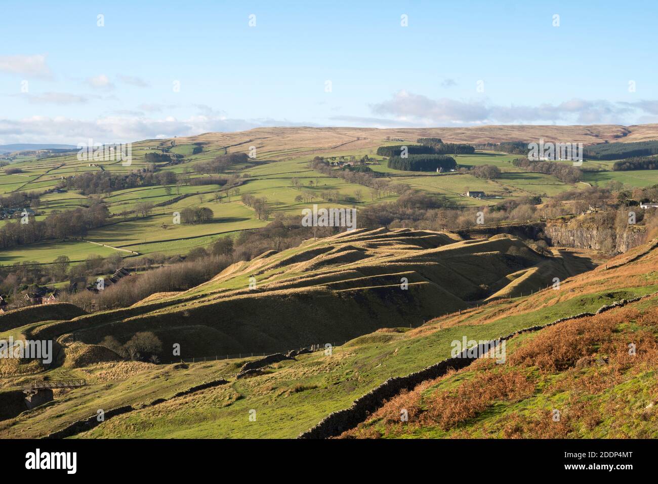 Autumn view of the disused Ashes Quarry spoil tips from Crawley Edge in ...
