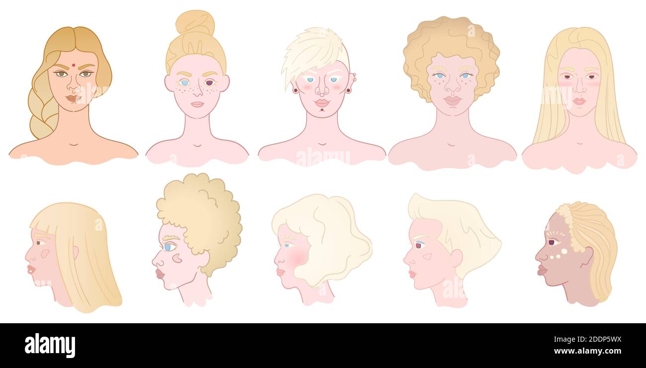 Hand drawn set of albino women portraits - front and side view ...