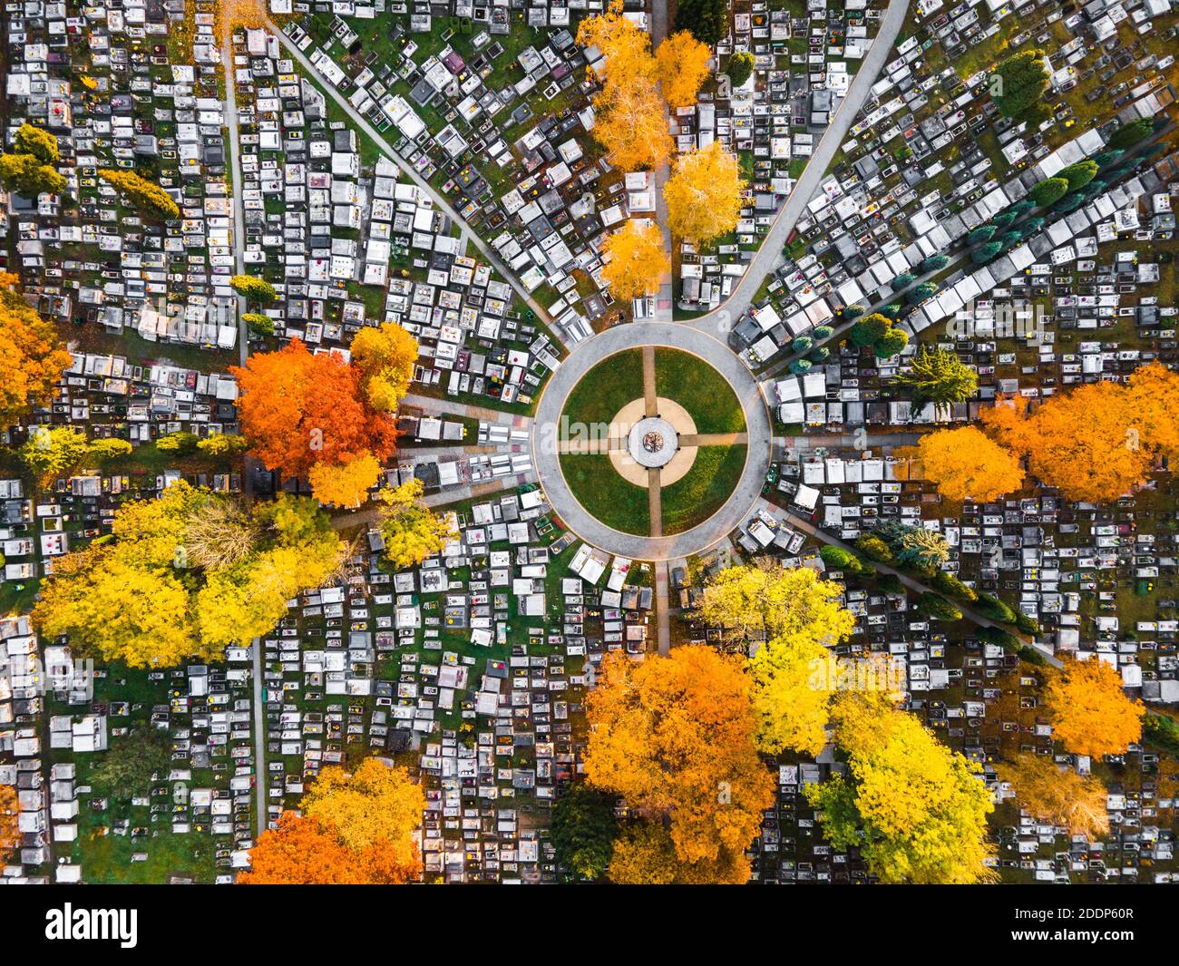 Abstract Pattern in Cemetery in Tarnow,Poland. Autumn Foliage and Grave Yards. Top Down Drone ...