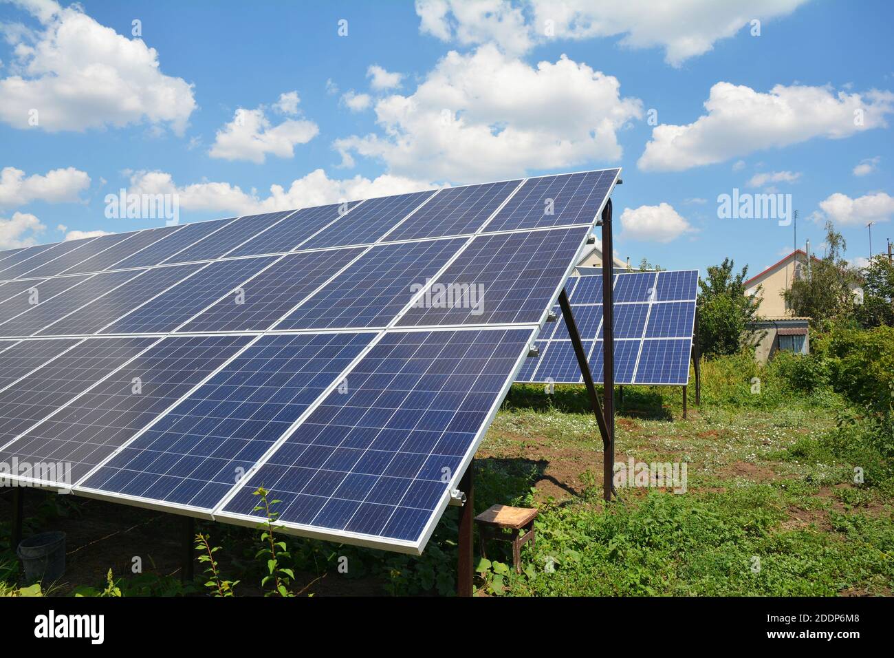 A close-up on large ground mounted solar panels, renewable energy ...