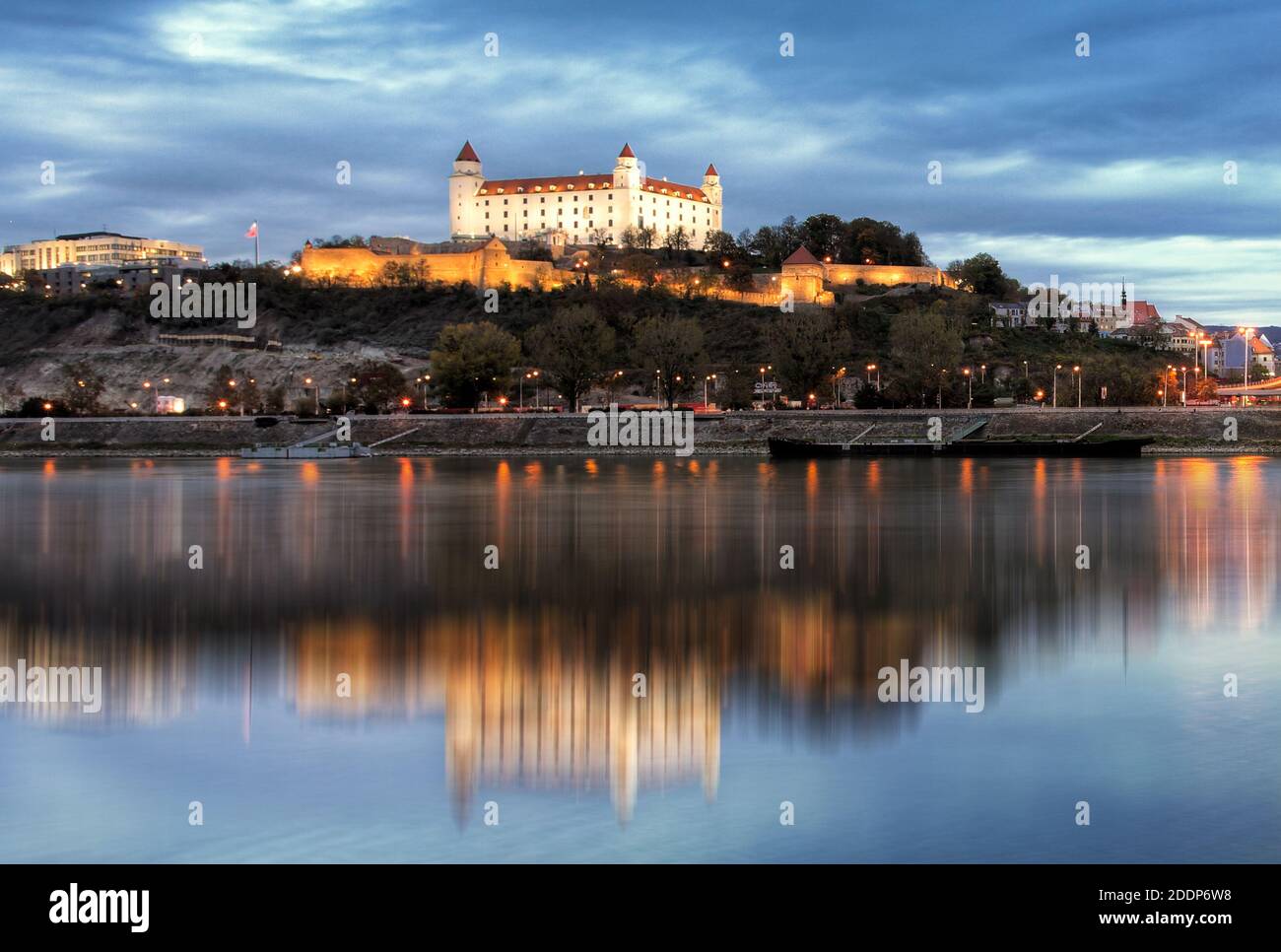 Bratislava skyline at night with castle, Slovakia Stock Photo - Alamy