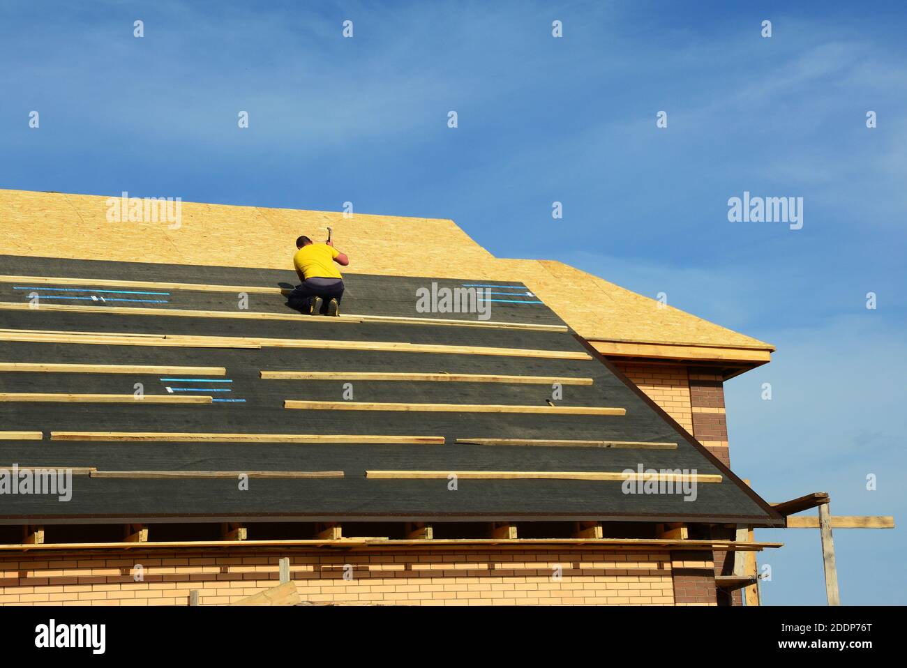 A building constructor is installing roofing underlayment, waterproof ...