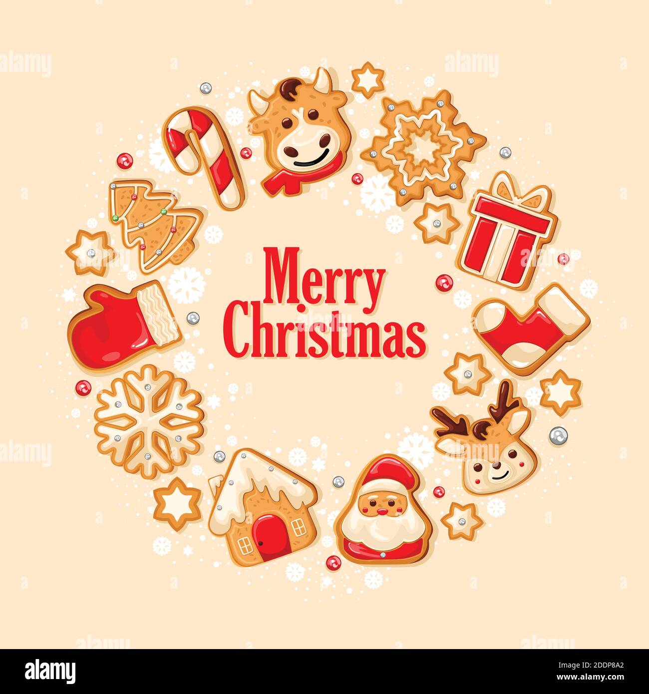Christmas gingerbread cookies in a round shape, for use as a poster or ...